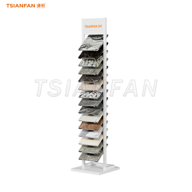 High-capacity white quartz stone floor racks for large showroom spaces ...